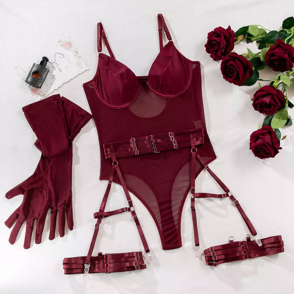Roderno Mesh Intimate Wear Bodysuit With Thigh Cuffs And Gloves | Made ...